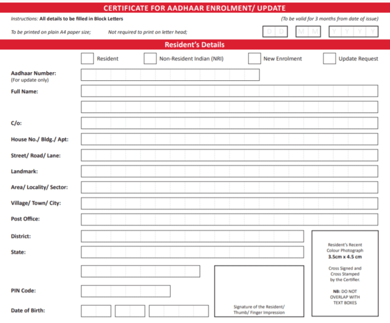 Certificate For Aadhaar Enrolment Update Form Supporting Document